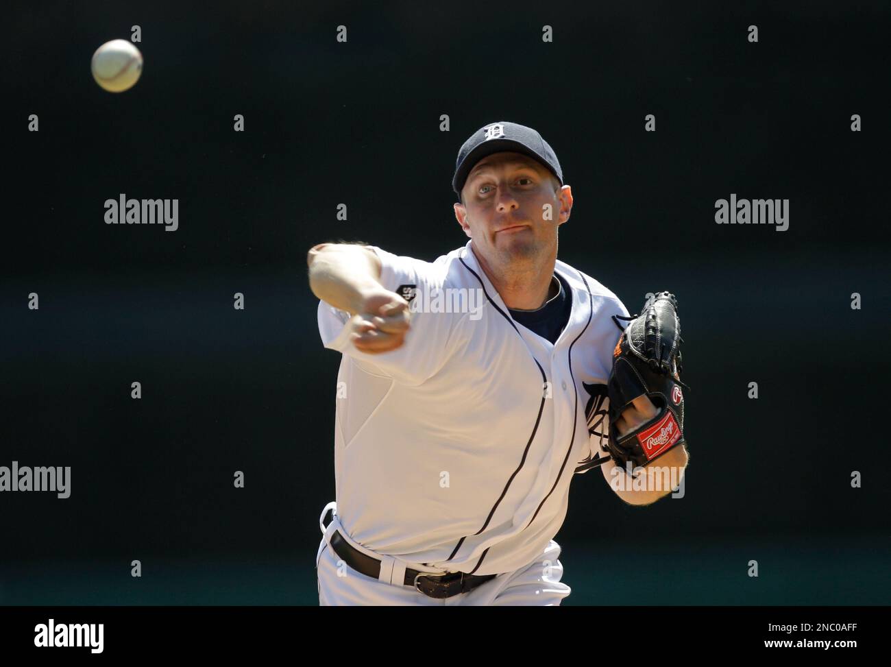 Detroit Tigers Pitcher Max Scherzer Throws A Warm Up Pitch Against The