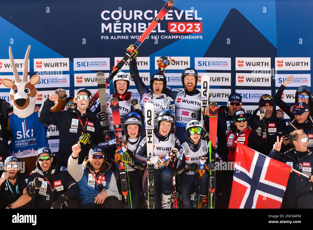 France. 14th Feb, 2023. Members of the Norwegian Ski Team celebrate ...