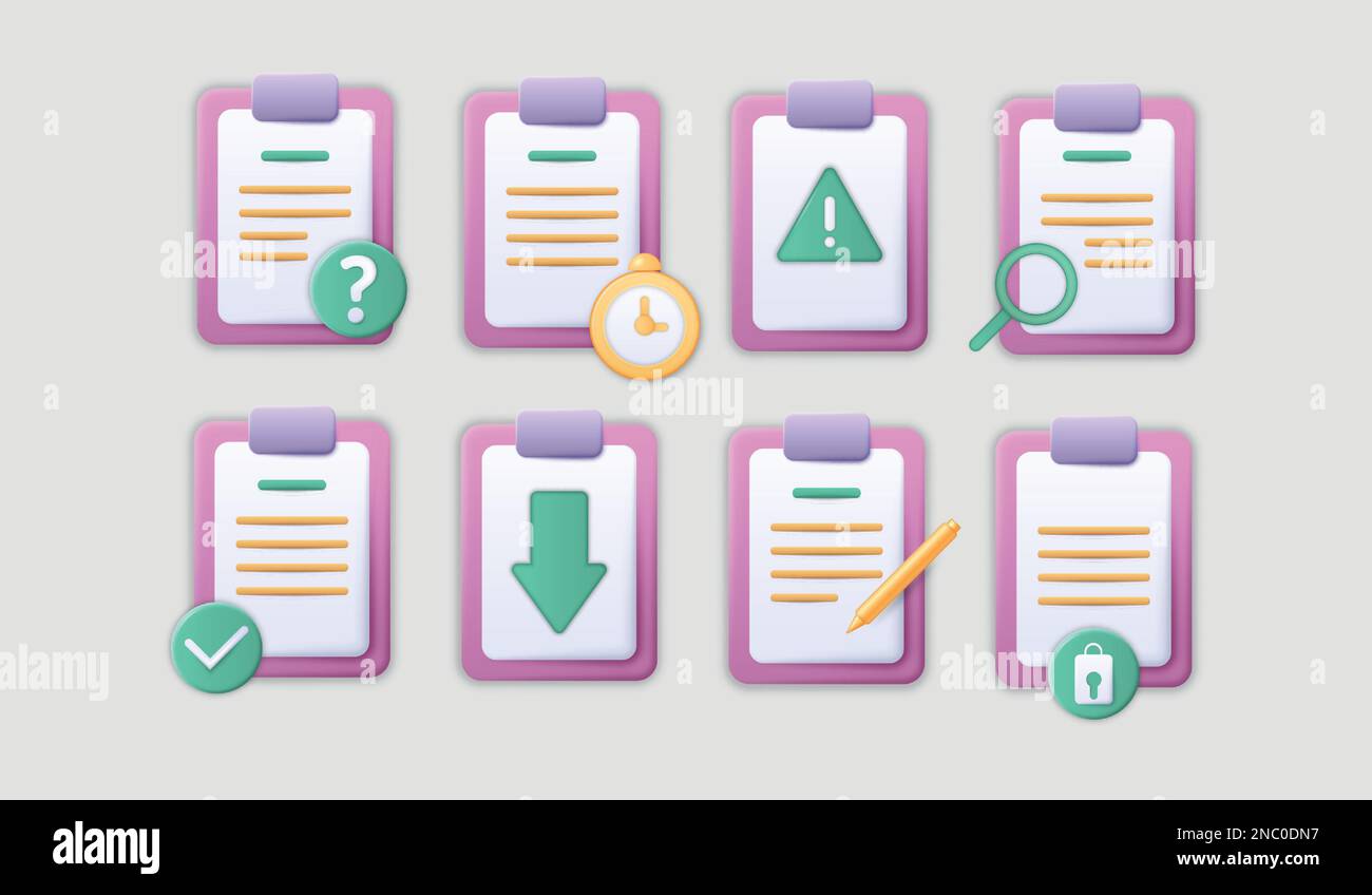 Documents clipboard 3d icons. Report sheets. Update or add error. Computer lock script for ...