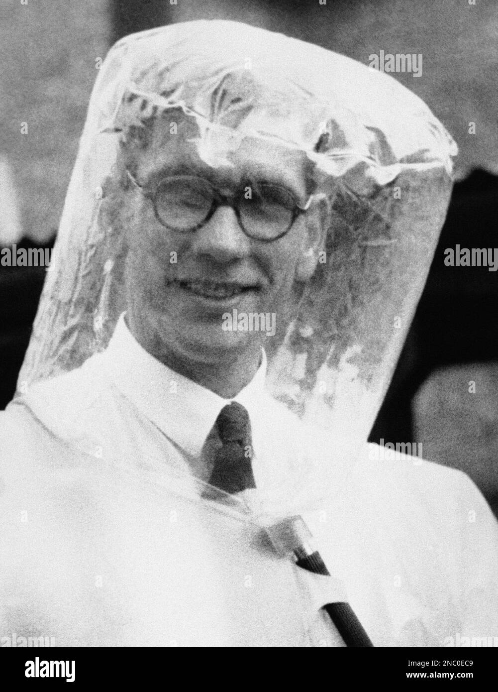 The bubble hood of the inflatable plastic protective suit for workers ...