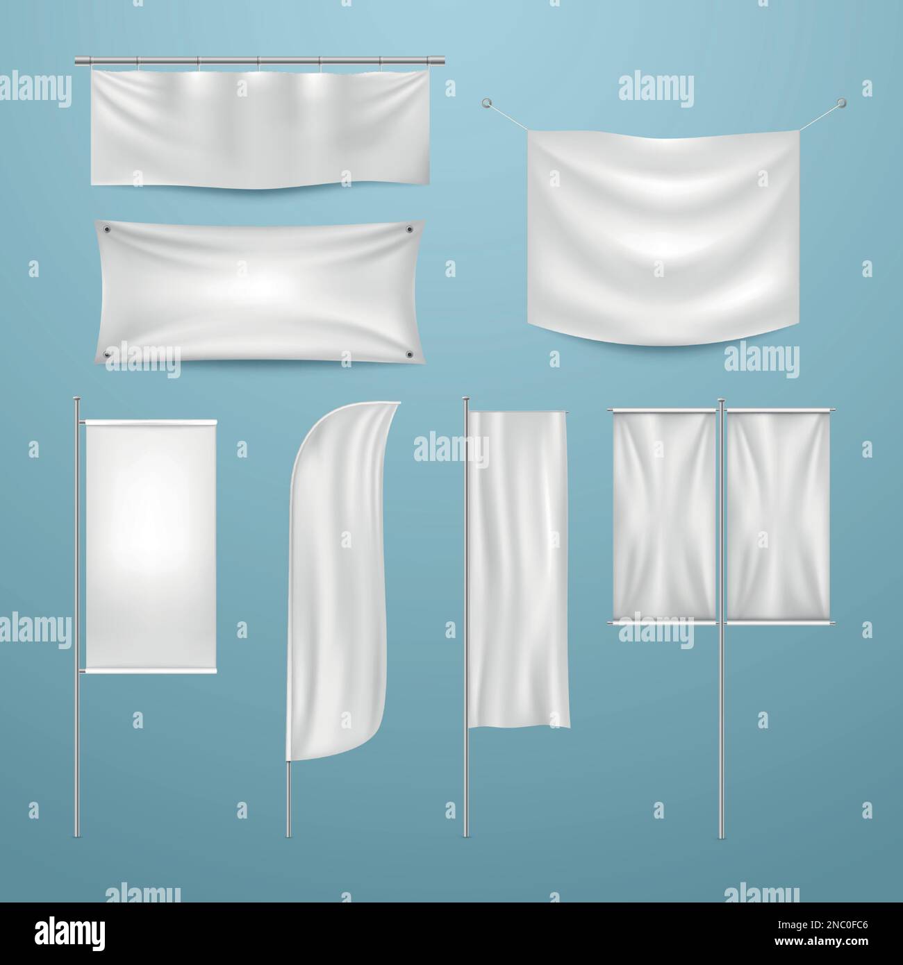 Beach flag, white banner mockup. Empty textile 3d elements template ...