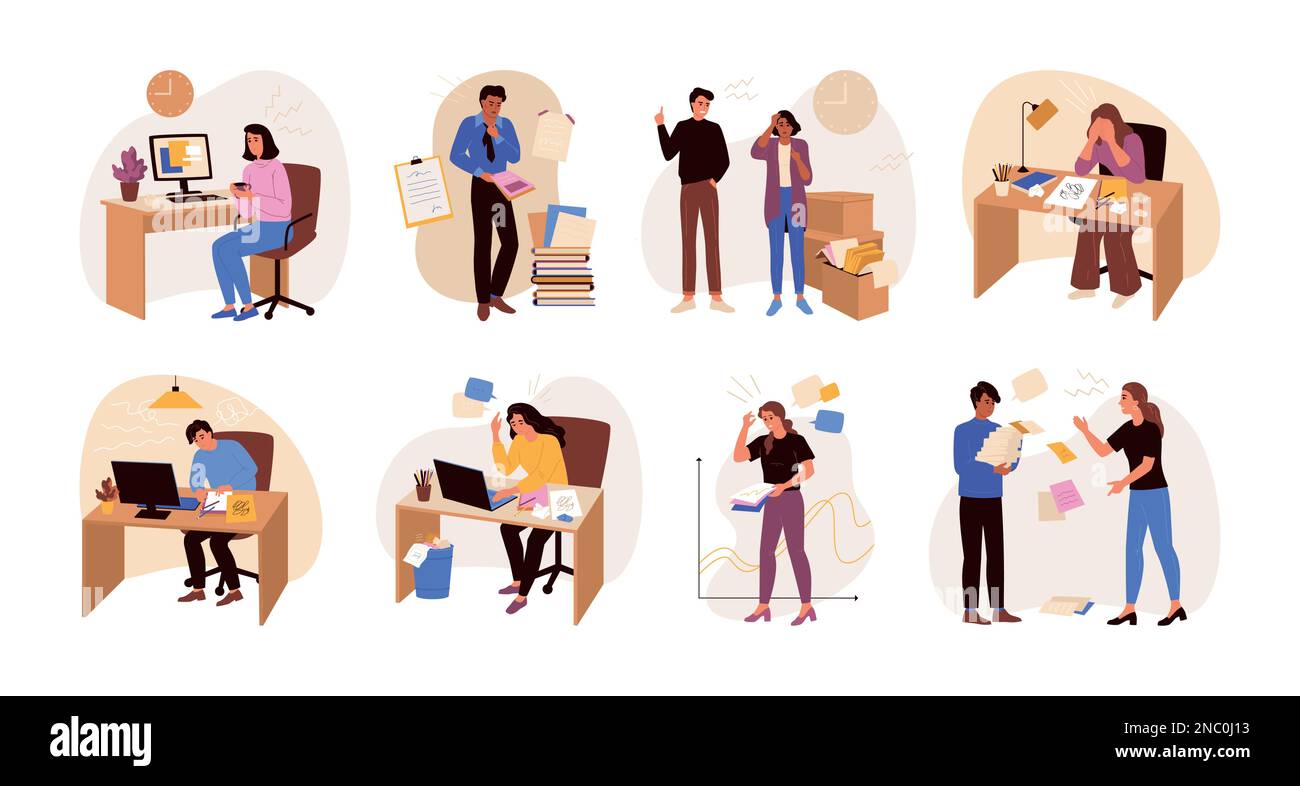 Busy employees. Work stress. Burnout workers. People tired in office. Lot of job. Women mental ...