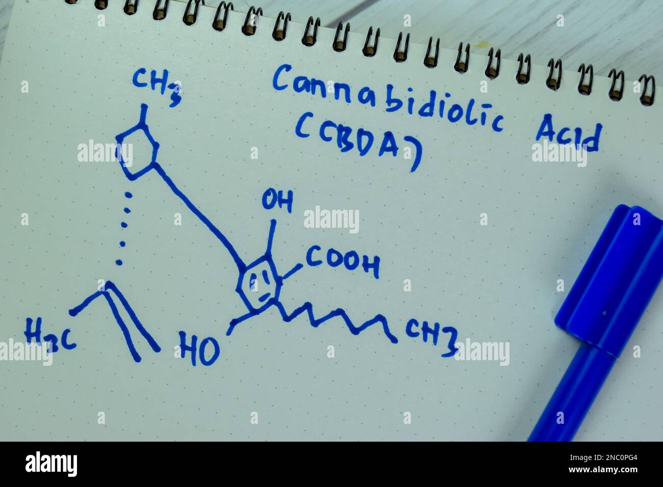 Concept of Cannabidiolic Acid (CBDA) molecule written on the white ...