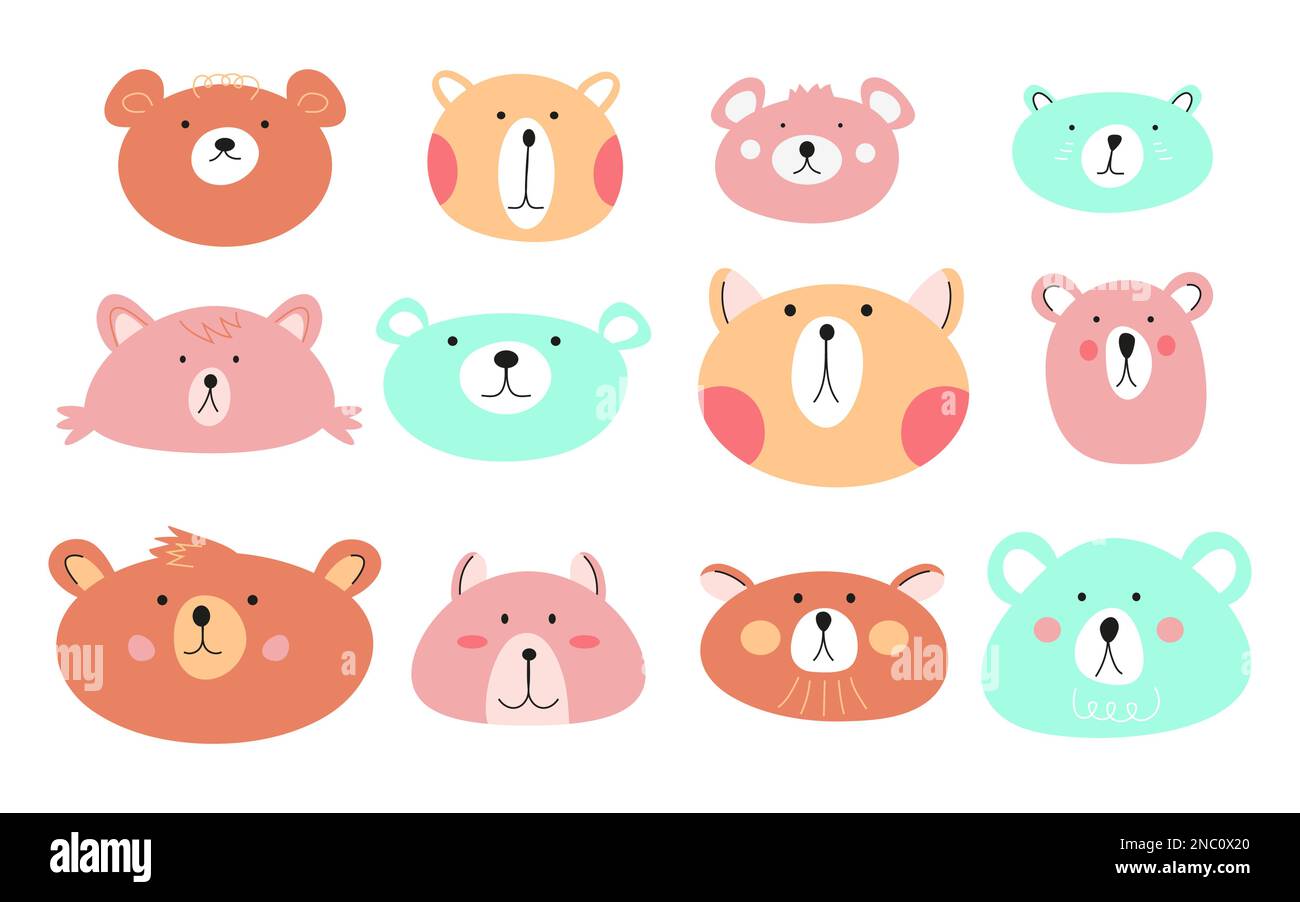 Cute baby bear avatar vector illustration. Hand drawn bear faces ...