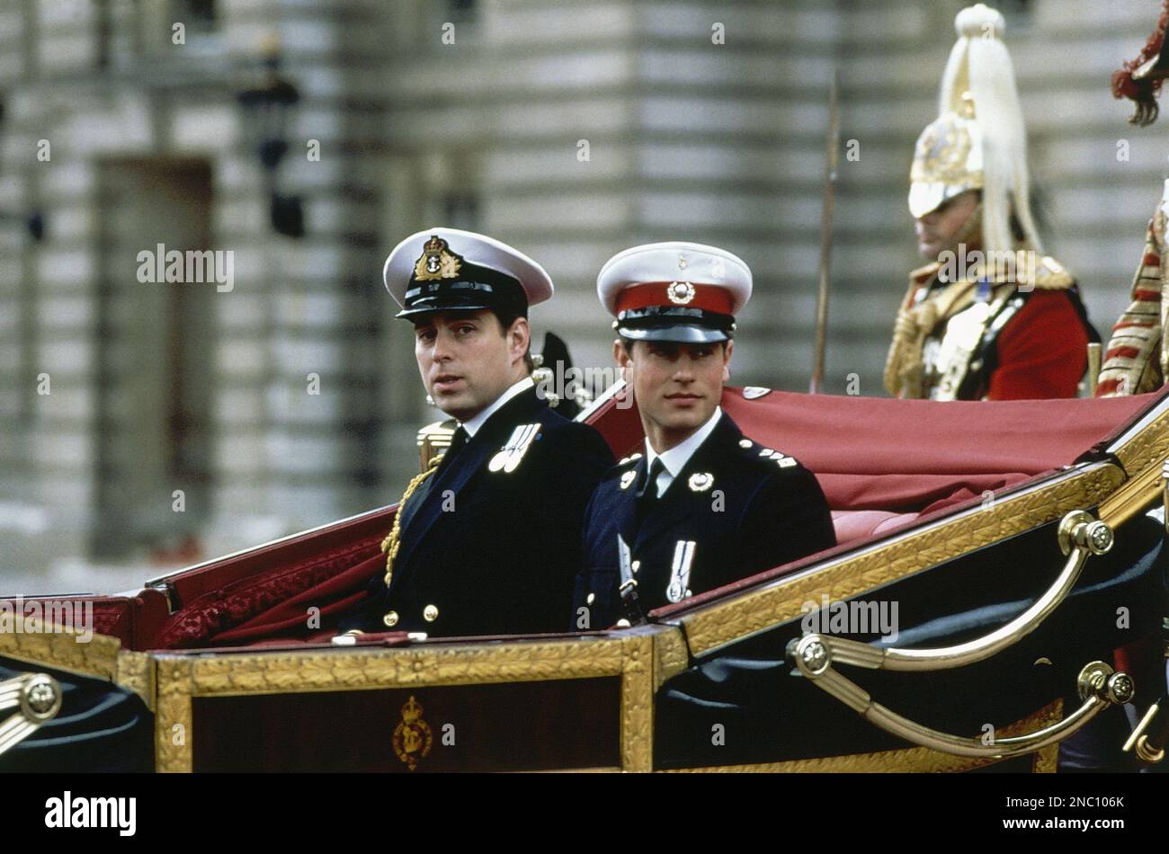 Prince Andrew, left, and his best man, brother Prince Edward, leave ...