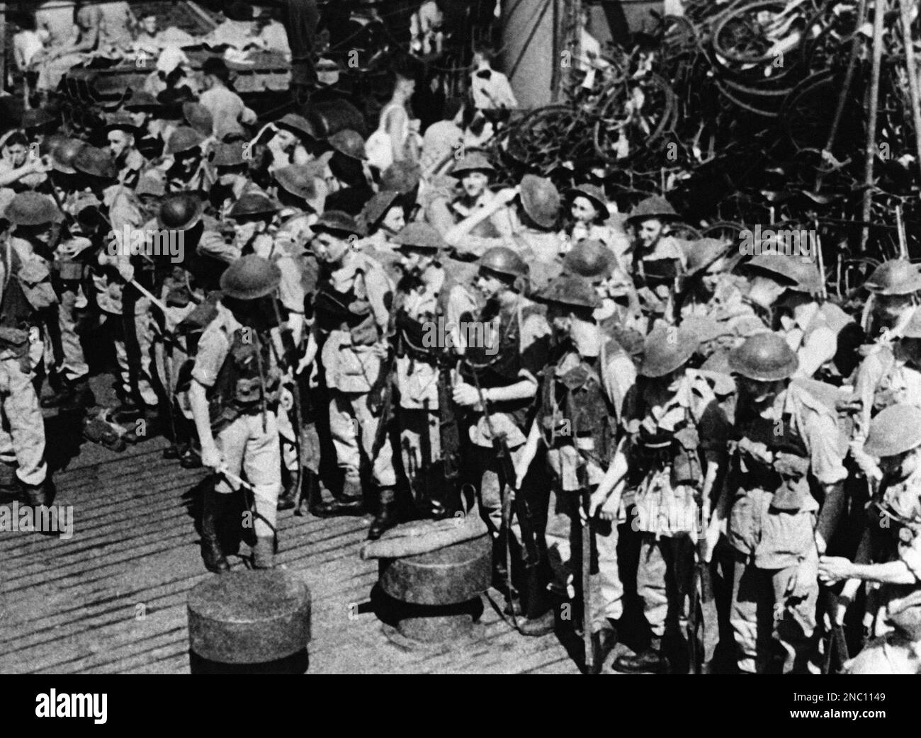 The last inspection of the Royal Marine Commandoes on board a transport ...