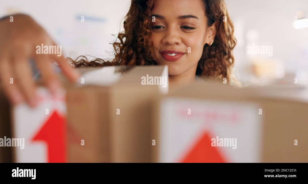Inventory, boxes and shelf woman search for business delivery stock ...