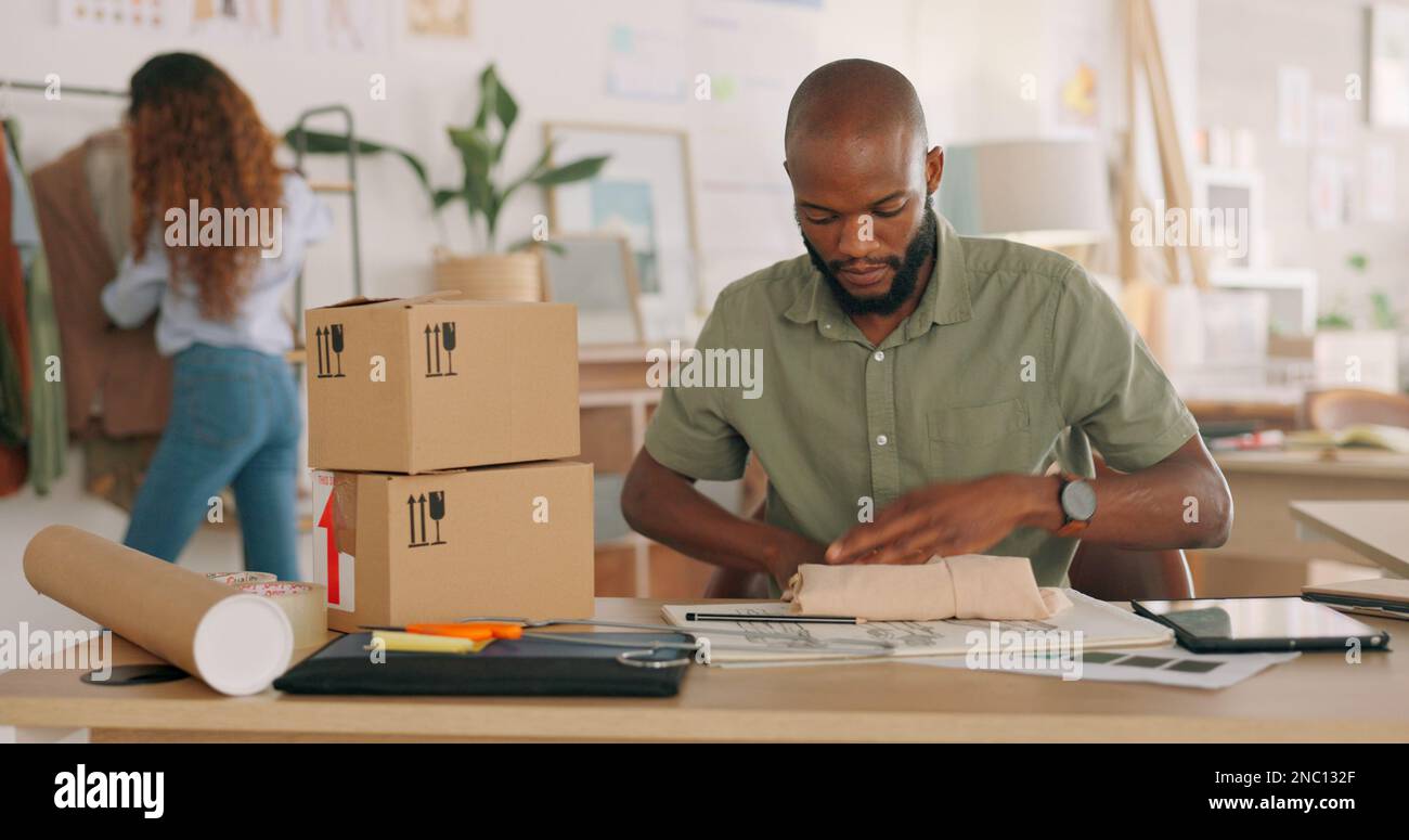 Startup business, delivery box and man doing clothes package for export ...