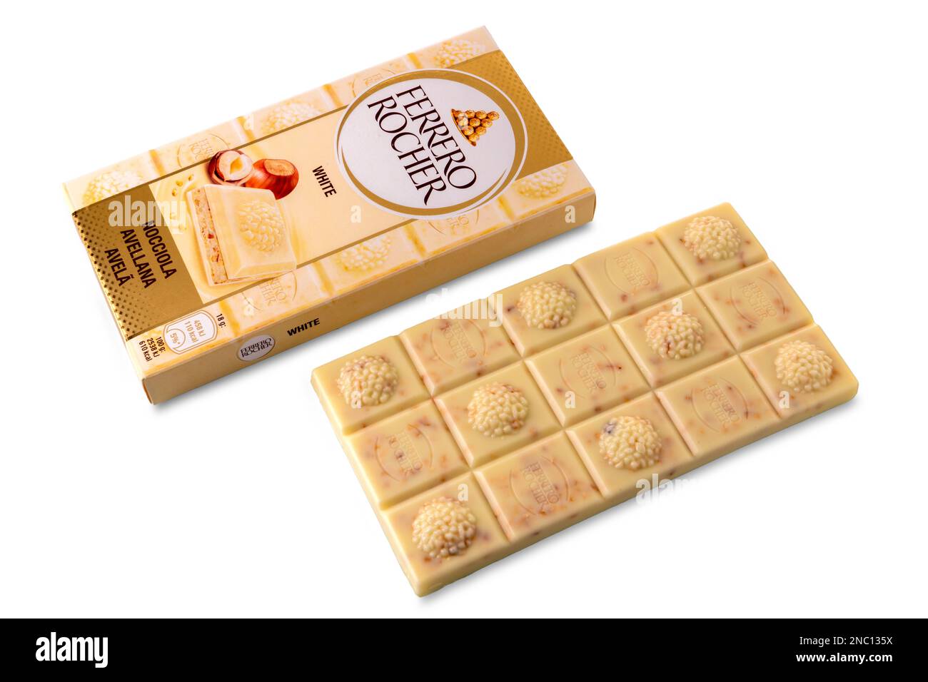 Alba, Italy - February 13, 2023: Package of Ferrero Rocher White bars ...