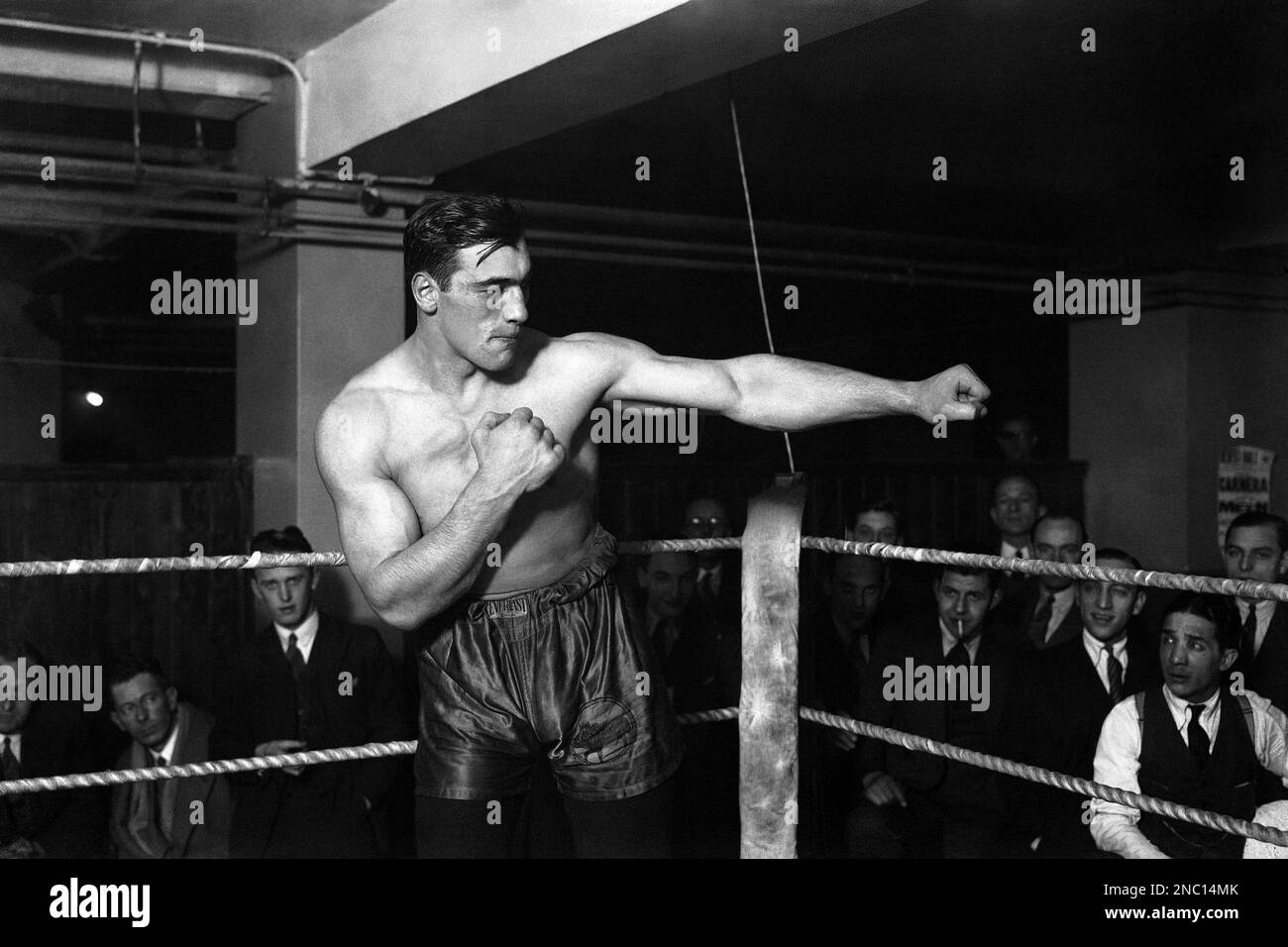 Italian boxer Primo Carnera, known as the Ambling Amp, sparring around ...