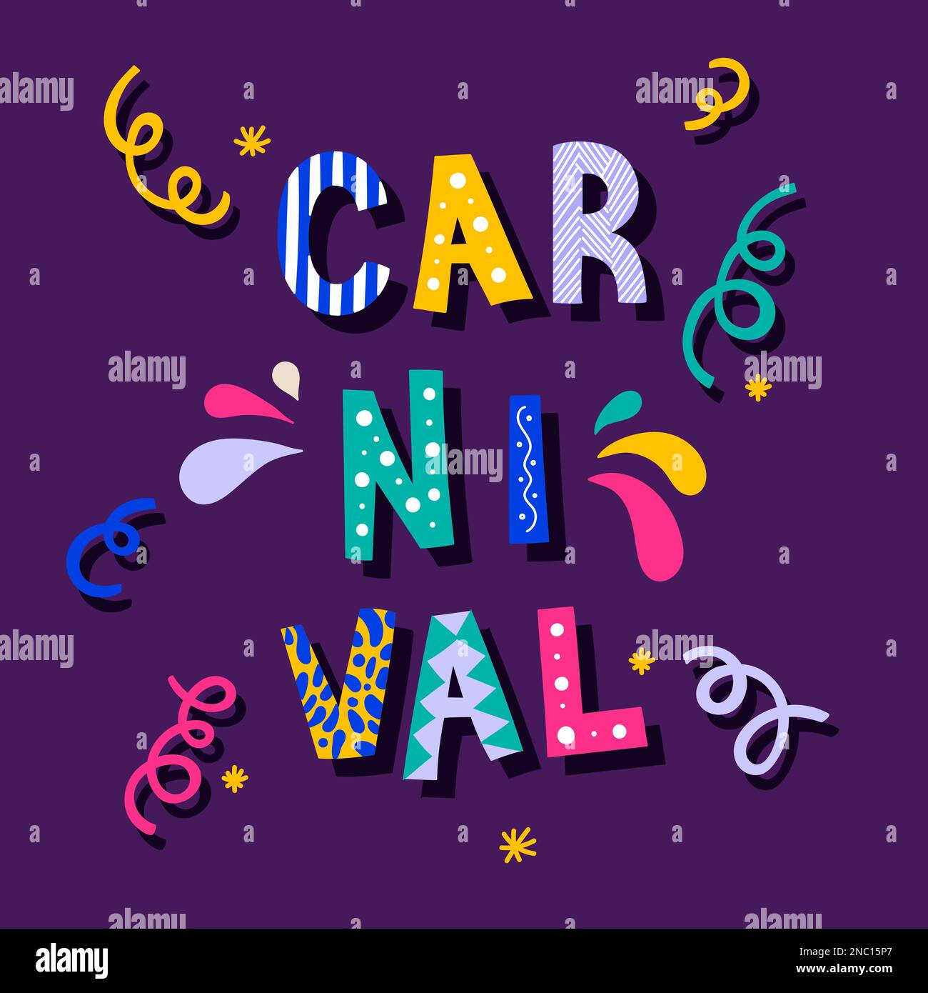 Happy Carnival. Fun lettering with splashes shapes and serpentines ...