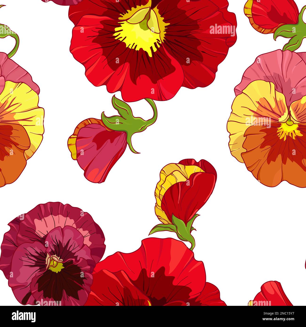 Bright red and orange flowers of pansy . Seamless vector pattern. Hand ...