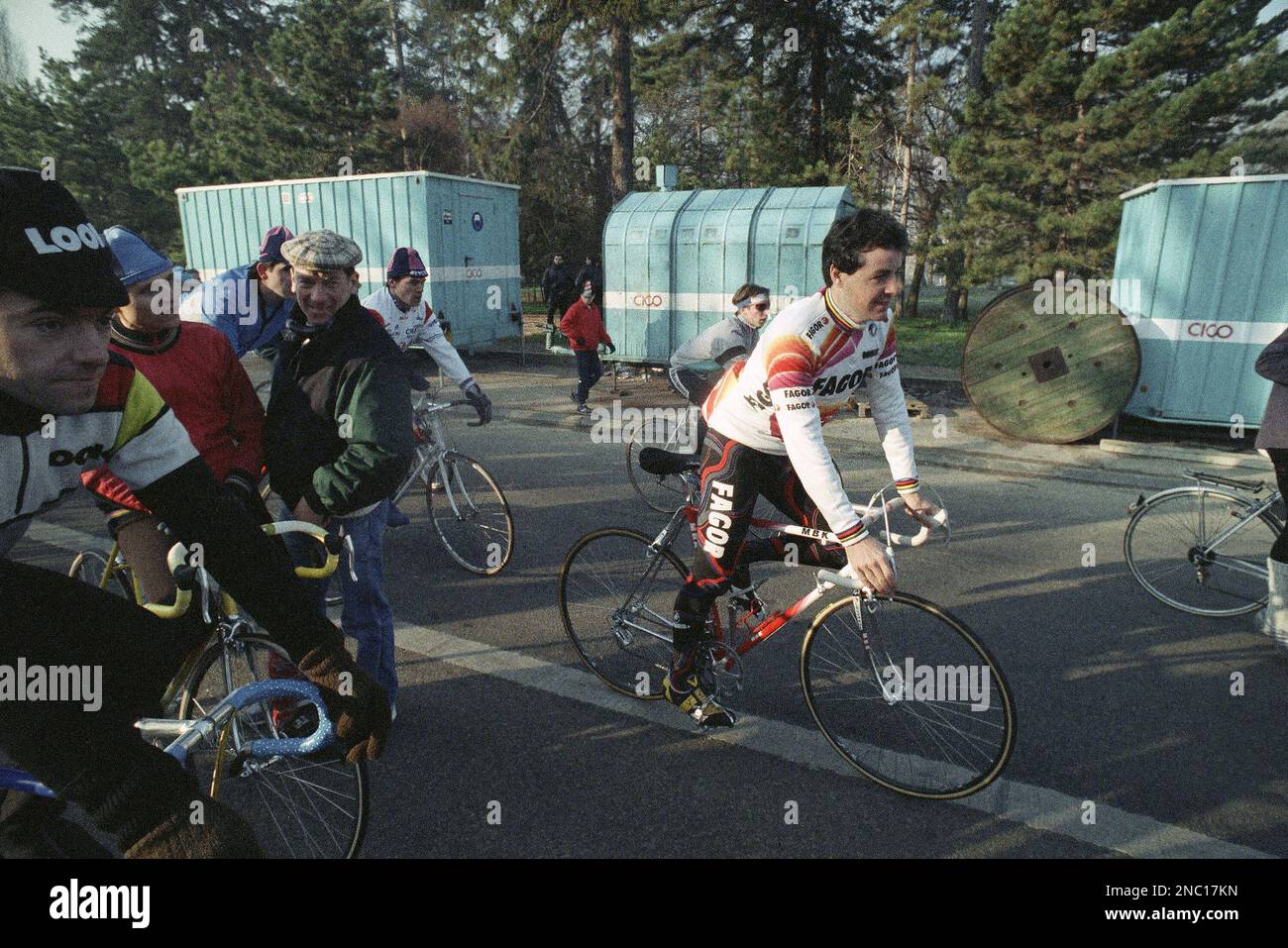 Irish champion cyclist Stephen Roche cycles with others along the ...