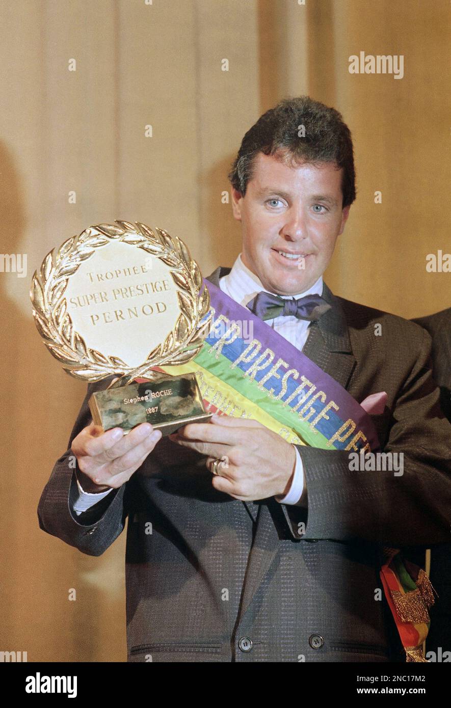 Irish cyclist Stephen Roche smiles as he poses with his Super Prestiges ...