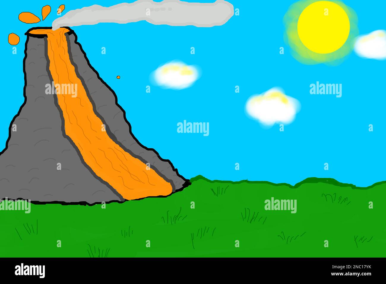 Volcano with lava against the sky. Children's drawing Stock Photo - Alamy