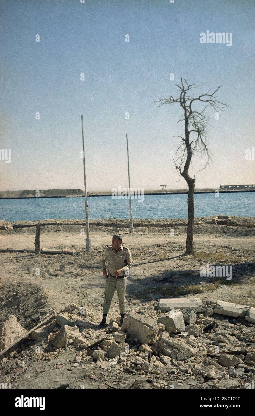 Soldier stands in the front line of the military zone at Suez Canal in ...