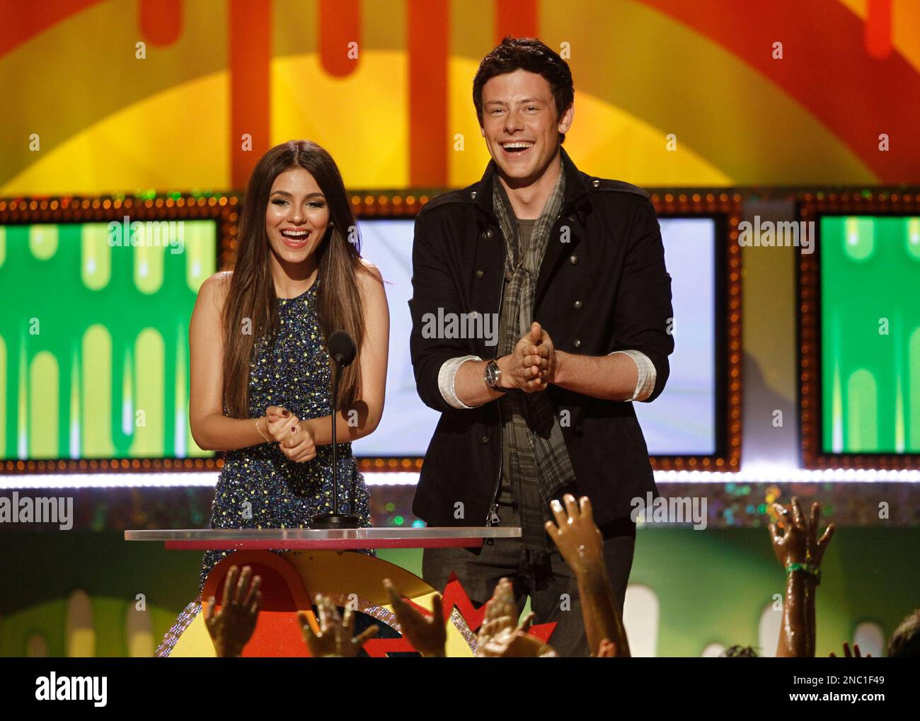 Victoria Justice, left, and Cory Monteith onstage at Nickelodeon's 24th ...