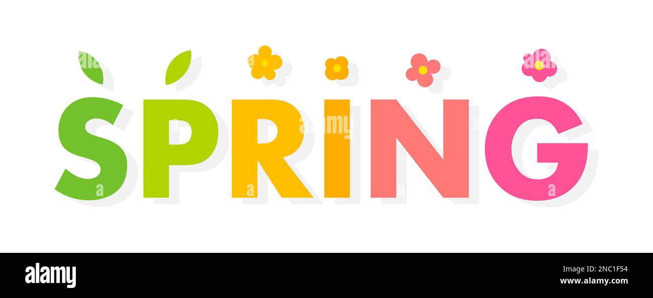 Spring is here. Colorful word banner with flowers and leaves vector ...