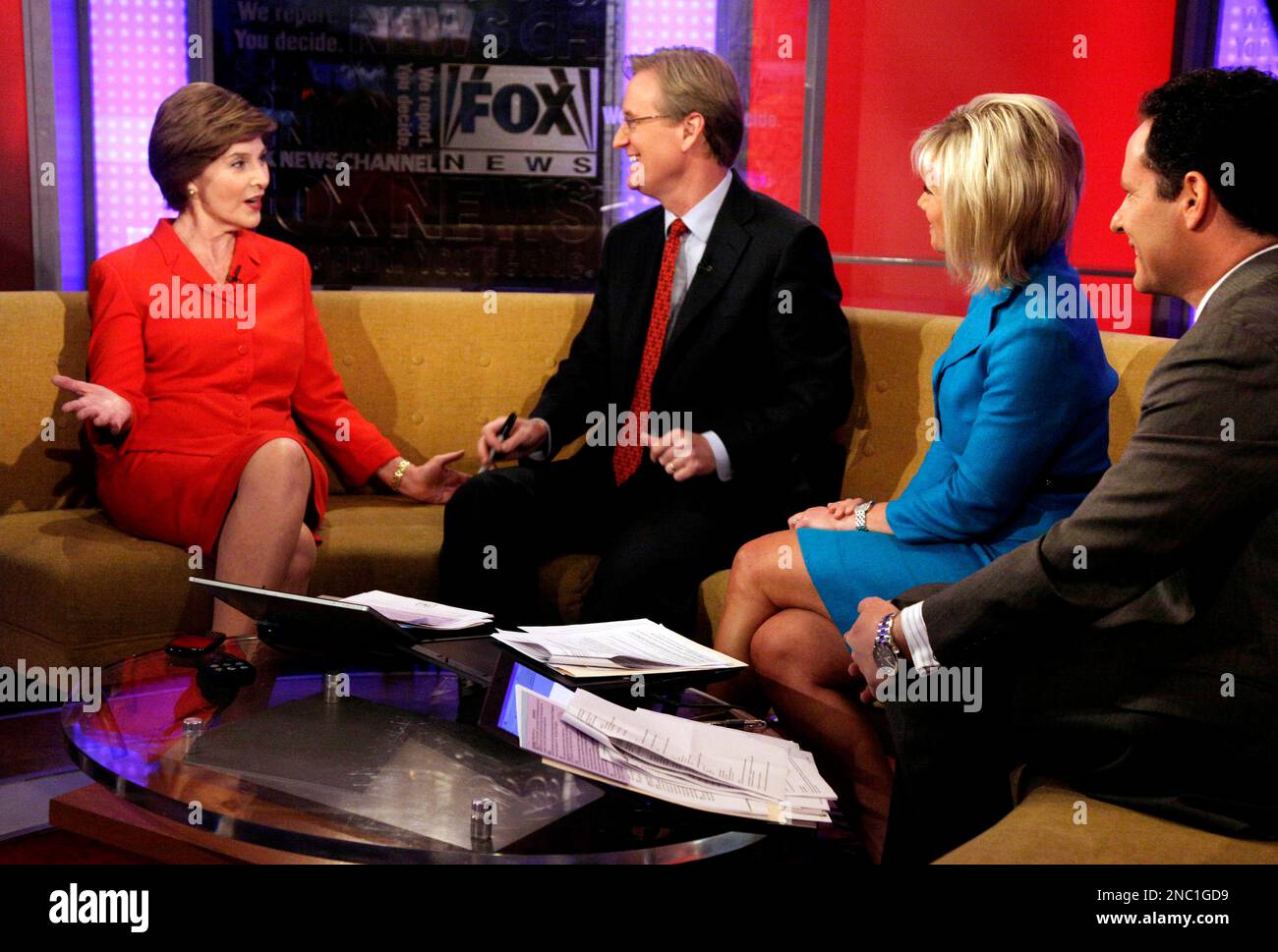 Former First Lady Laura Bush, left, is interviewed on the "Fox ...