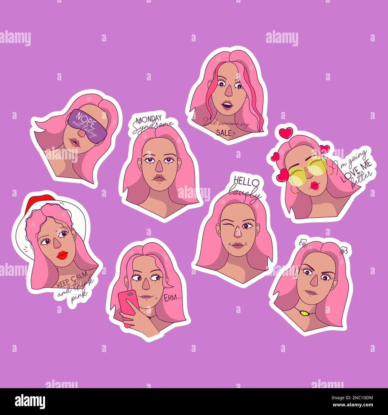 Pink haired girl emotions stickers. Vector illustration Stock Vector ...