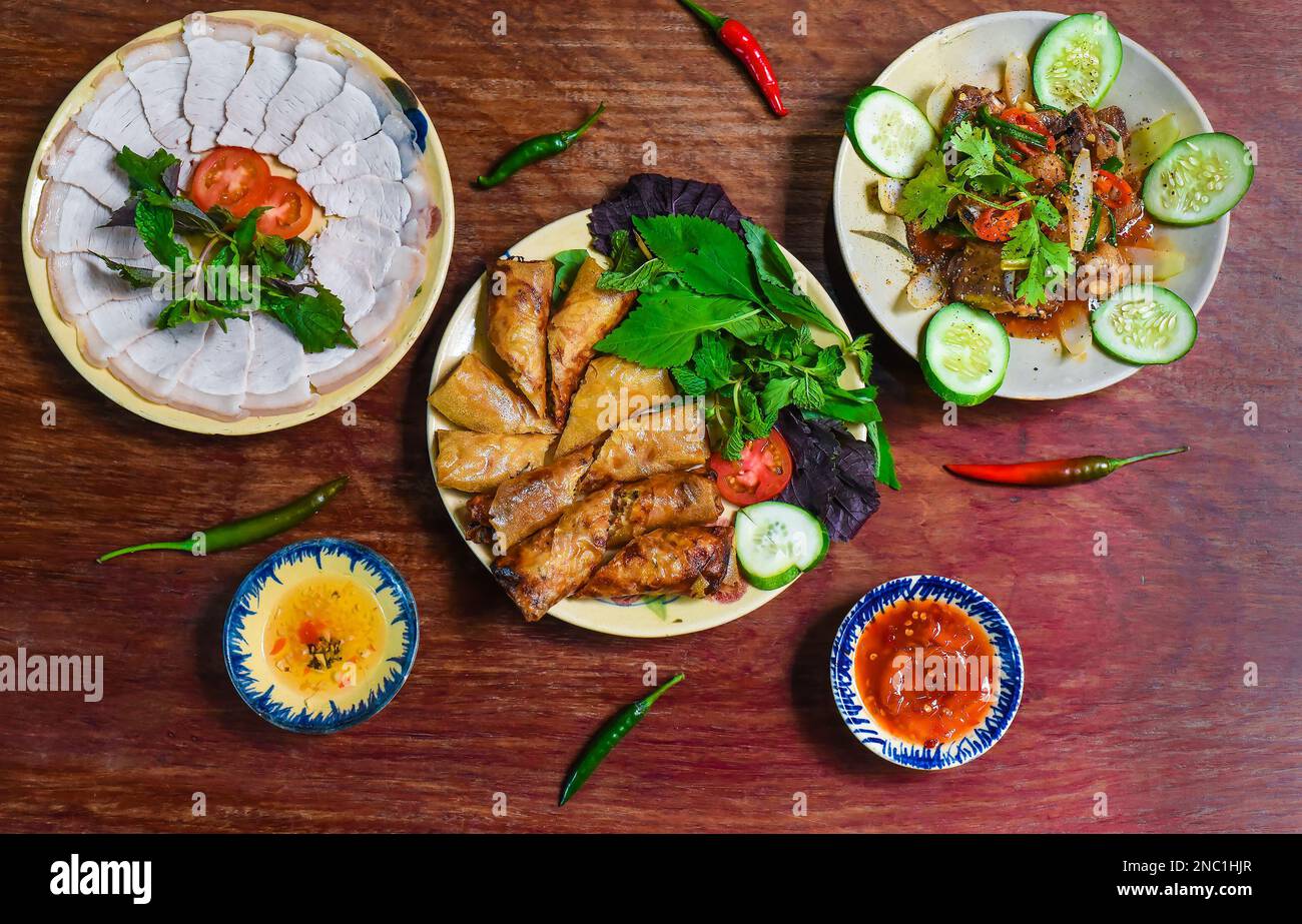 Traditional fried vietnamese spring rolls with pork, rice paper with ...