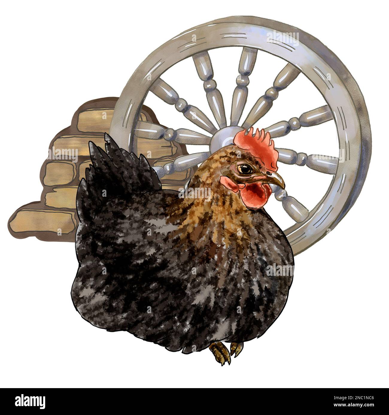 Drawing of chickens in a poultry yard or farm. High quality ...