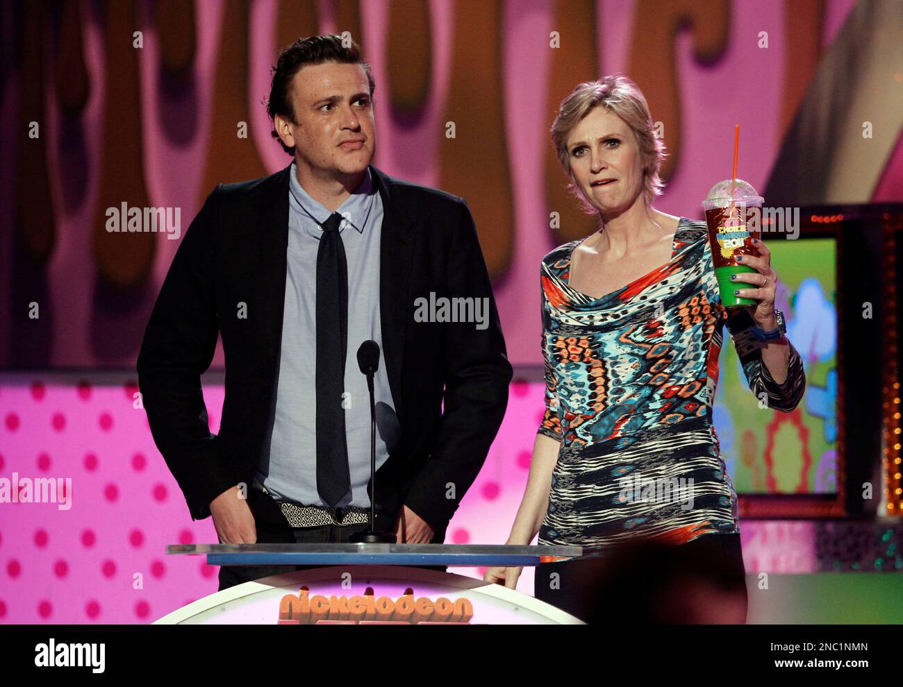 Jason Segal, left, and Jane Lynch present "Favorite Music Group" at ...