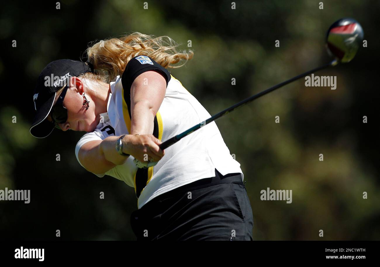 Morgan Pressel hits her tee shot on the 16th hole during the second ...