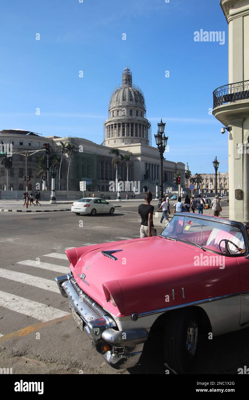 Old pink Cadillac in front of Capitol in Havana, Cuba Stock Photo - Alamy