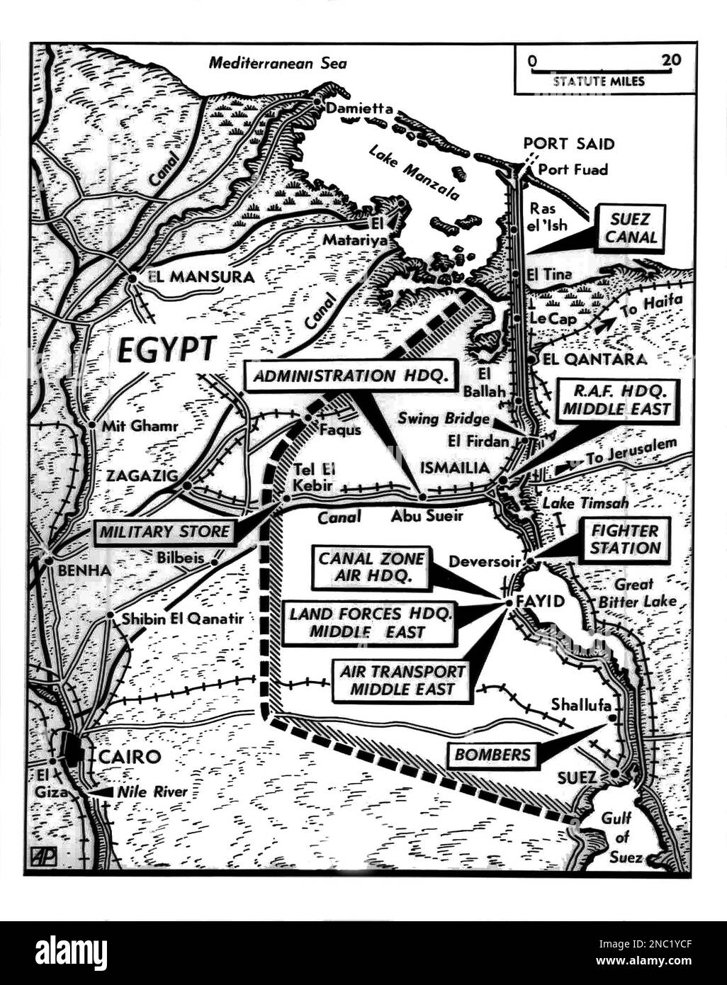 Map locates the Suez Canal zone area, scene of actions by the British ...
