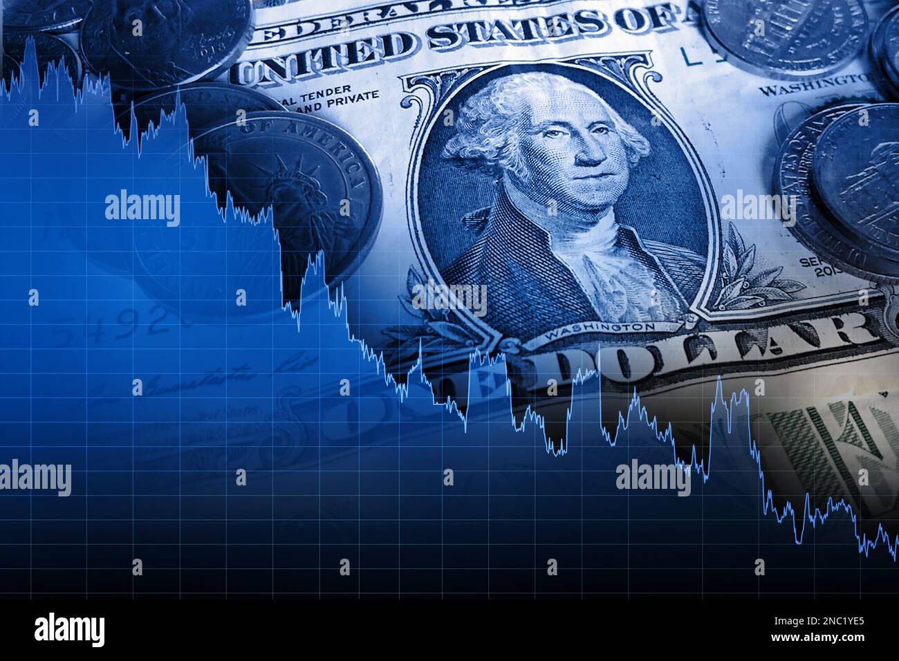 US dollars with a decreasing market chart. Concept about US inflation ...