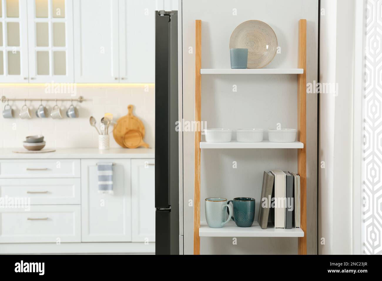 Decorative wooden ladder in stylish kitchen. Interior design Stock ...