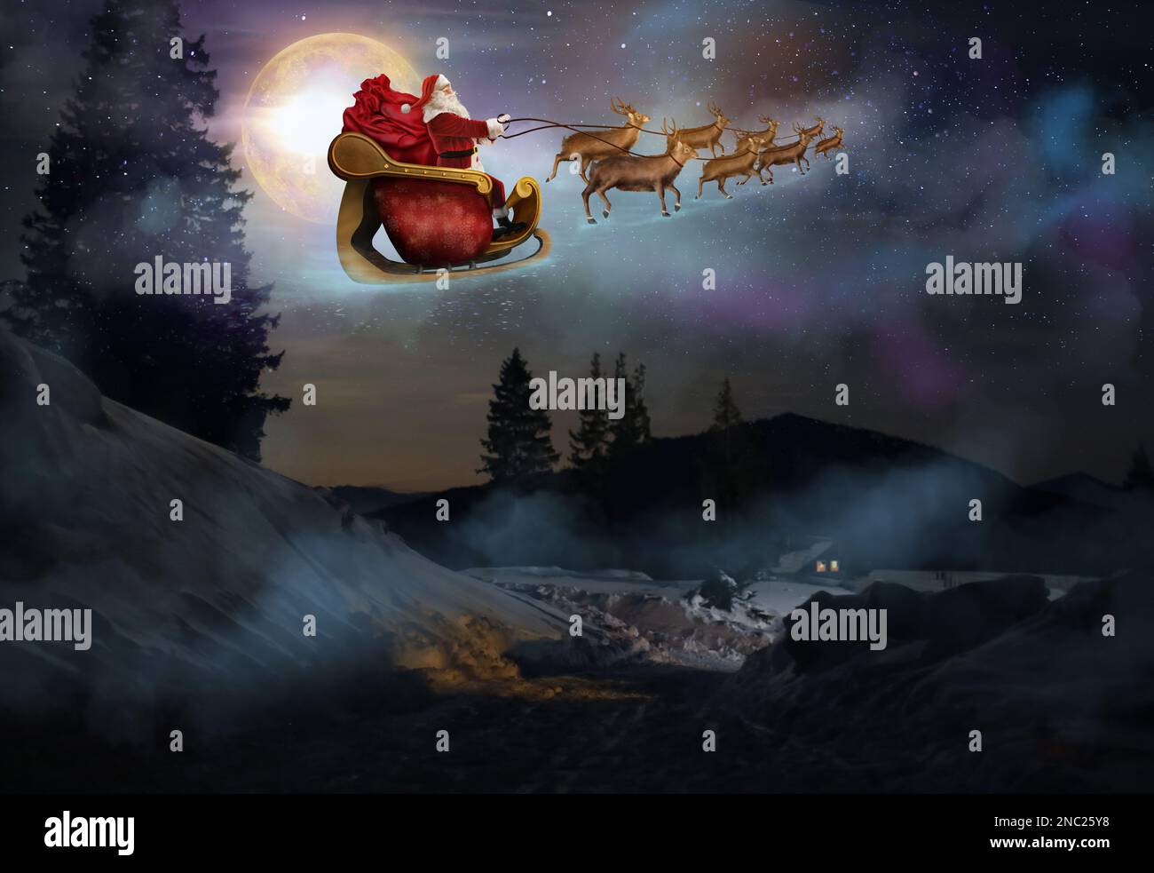 Magic Christmas eve. Santa with reindeers flying in sky on full moon ...