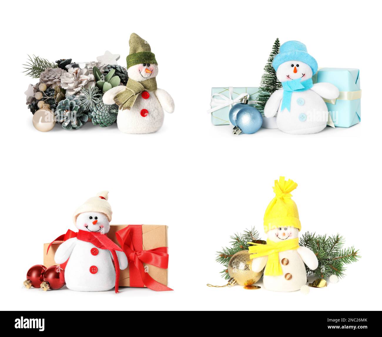 Set with cute small snowman toys on white background Stock Photo - Alamy