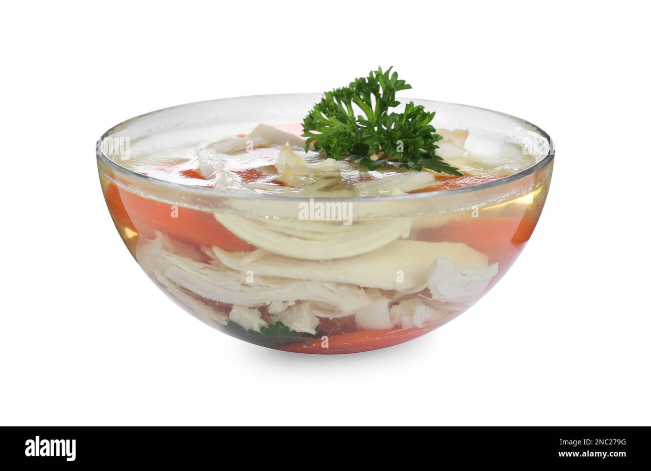 Delicious chicken aspic in glass bowl isolated on white Stock Photo - Alamy