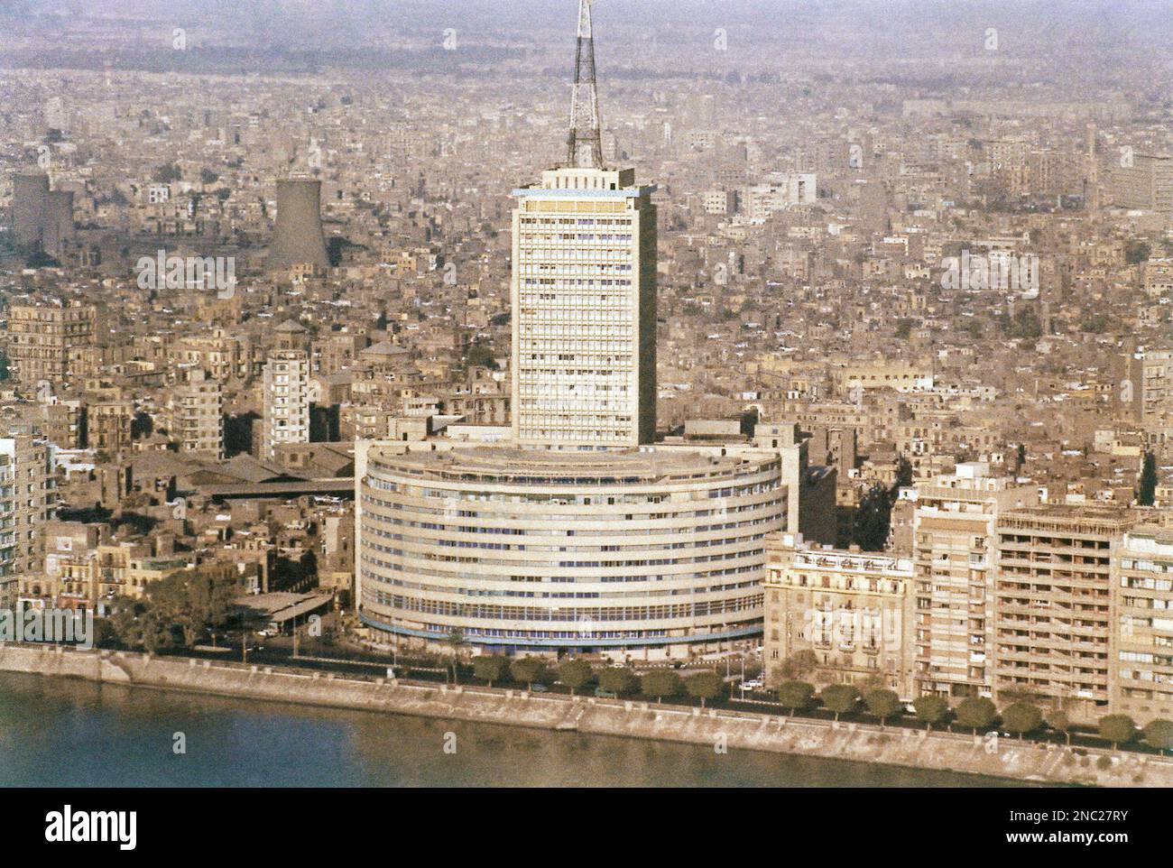General scenes in Cairo in 1971. Semi-circular building is Egypt's ...