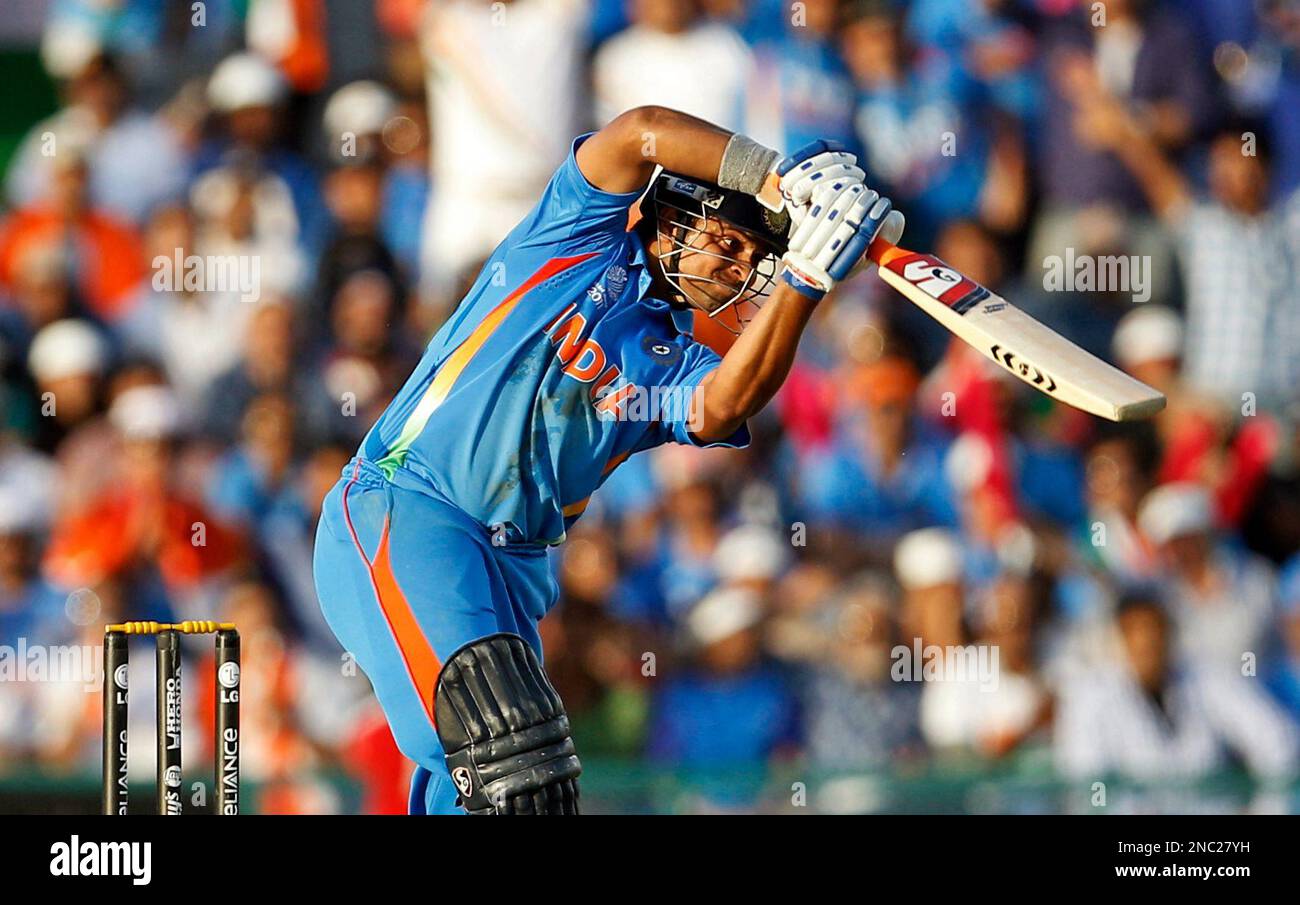 India's Suresh Raina bats during the Cricket World Cup semifinal match ...