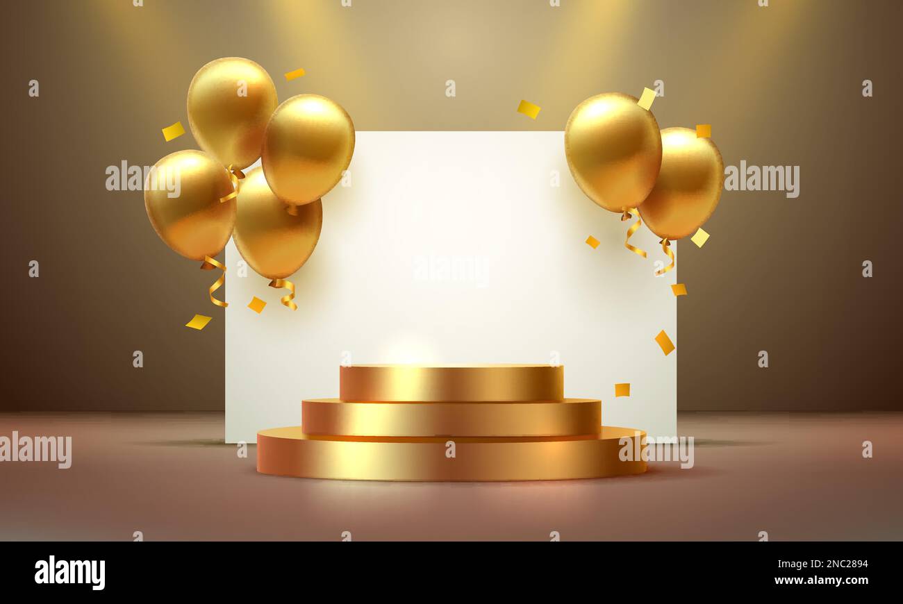 balloon golden podium present, celebrate happy birthday, gold platform ...