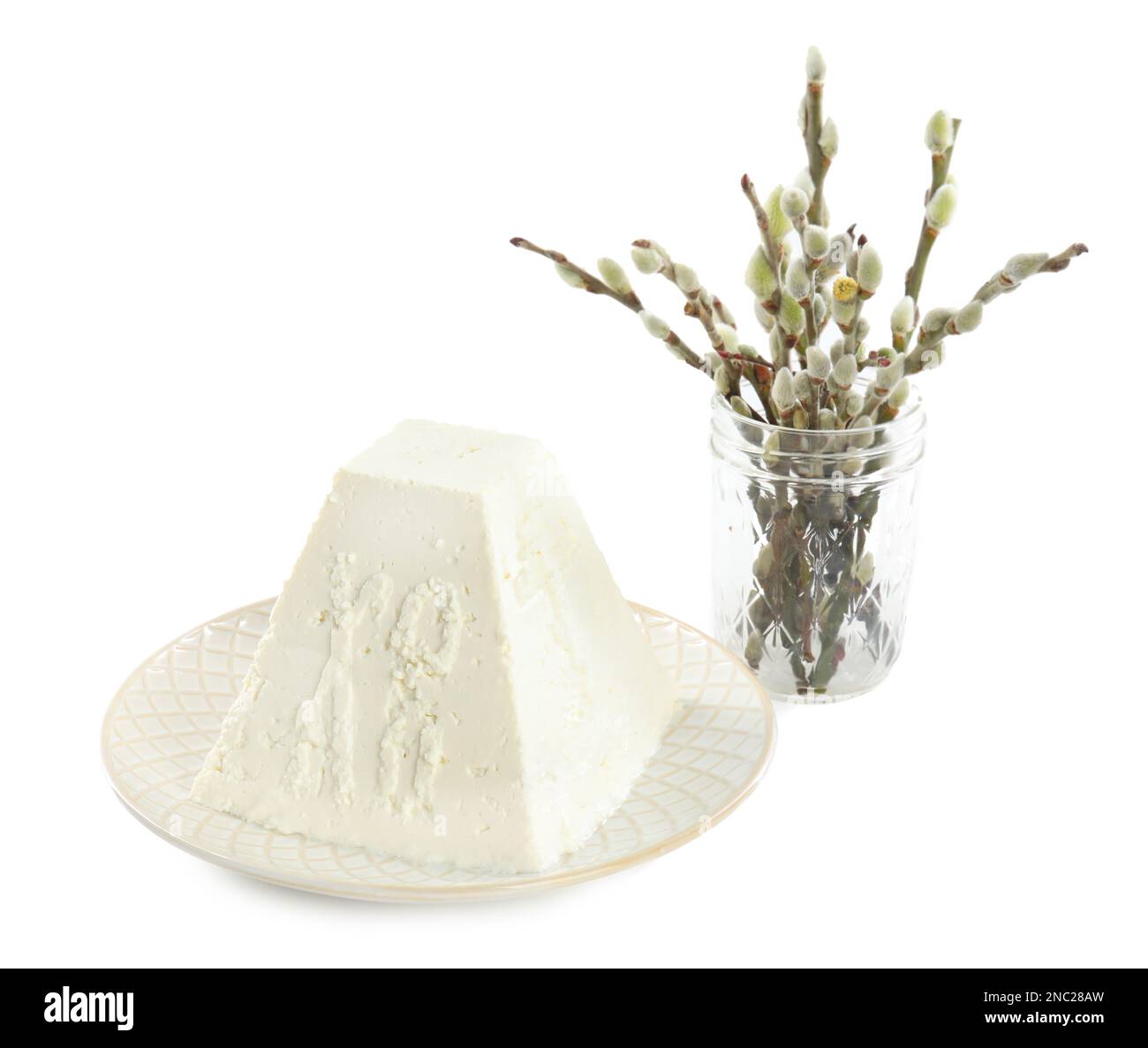 Traditional cottage cheese Easter paskha and pussy willow branches on ...