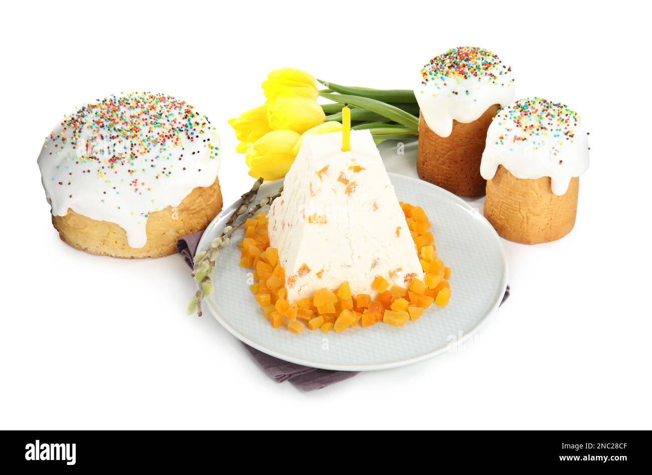 Composition with traditional cottage cheese Easter paskha on white ...