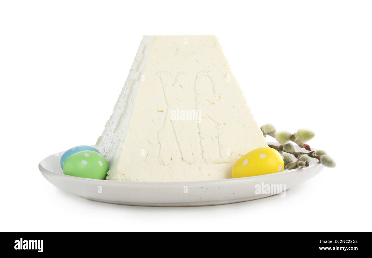 Traditional cottage cheese Easter paskha with eggs and pussy willow branches on white background ...