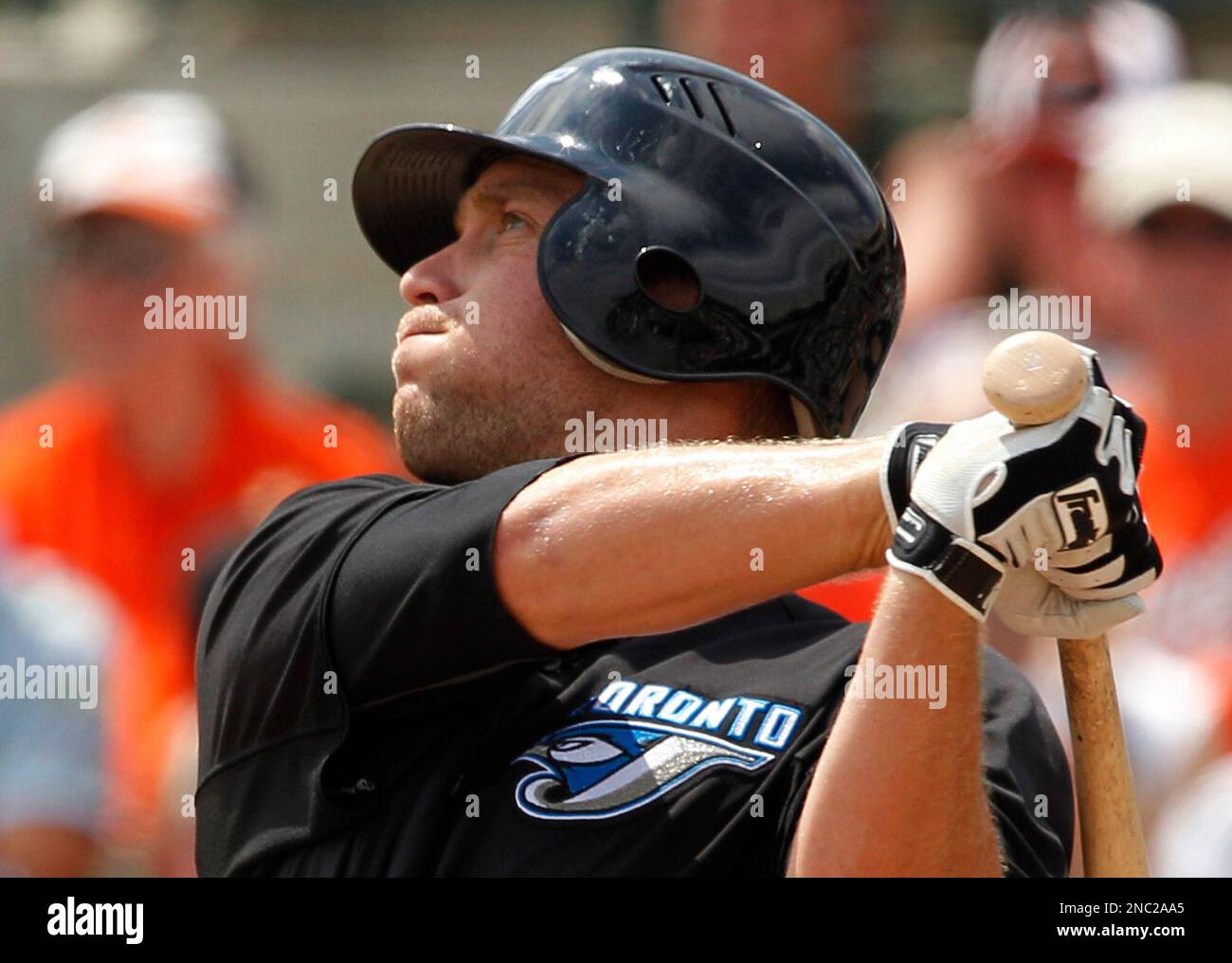 Toronto Blue Jays' Aaron Hill flies out to center int the fourth inning ...