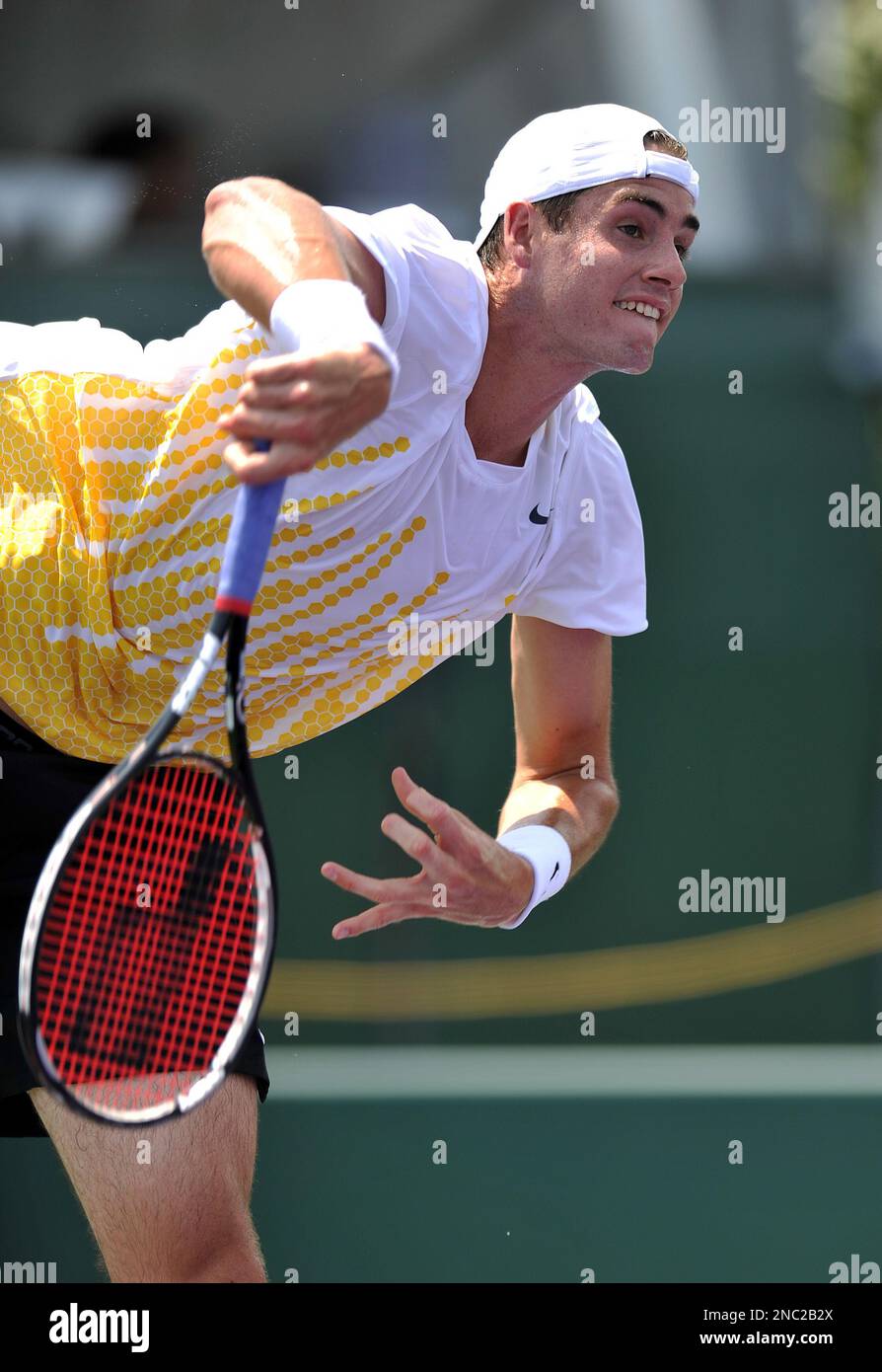 John Isner, serves to Kevin Anderson, of South Africa, at the Sony ...