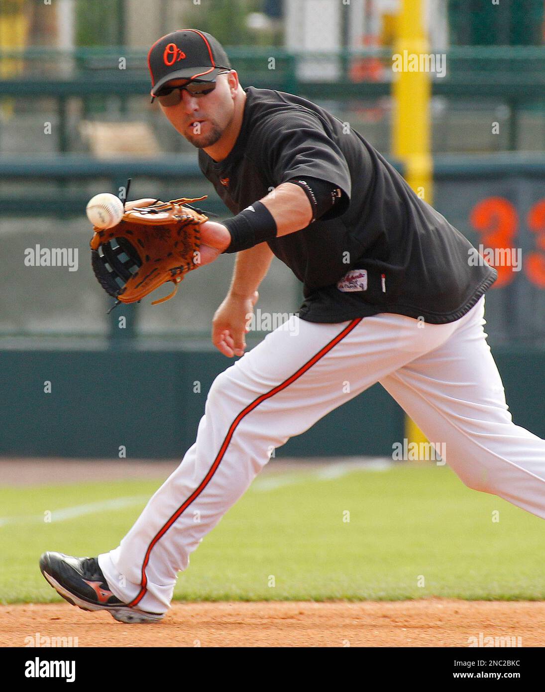 Baltimore Orioles' Jake Fox fields ground balls at third base before a ...