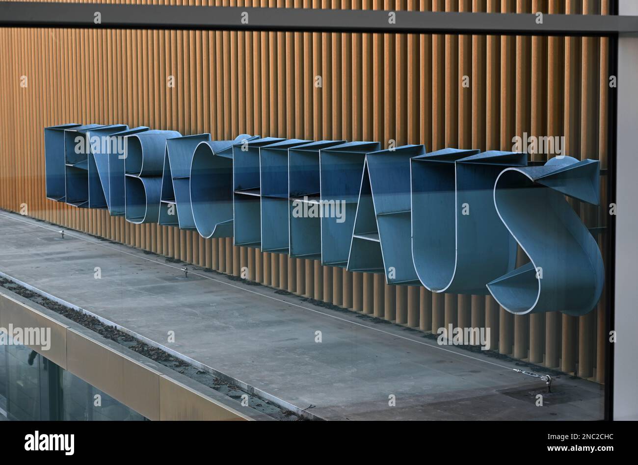 Munich, Germany. 09th Feb, 2023. The words "Lenbachhaus" are written in blue metal letters on ...
