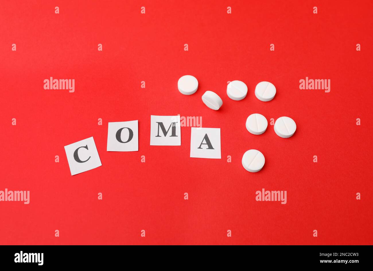 Word Coma made of letters and pills on red background, above view Stock ...