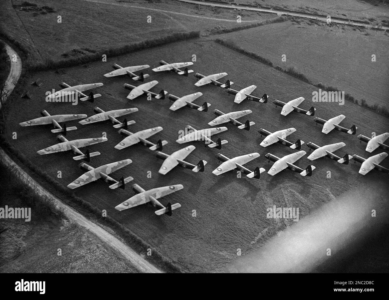 Horsa gliders marshaled in preparation for moving to take-off positions ...