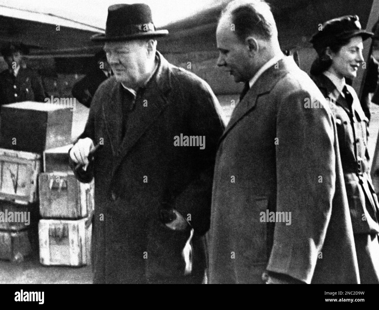 Britain's Prime Minister Winston Churchill and Fedor Gusev, the Soviet Ambassador, waiting at ...