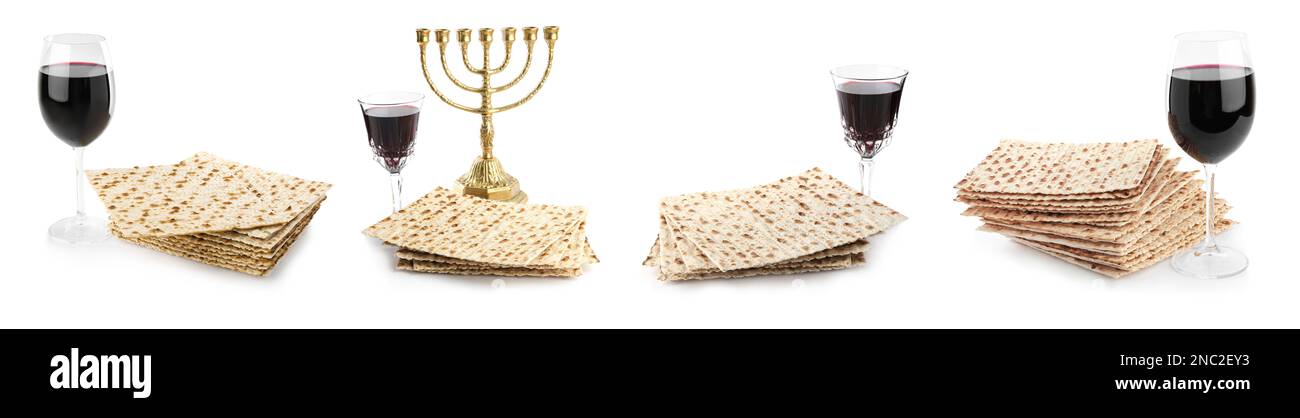 Set with Passover matzos, red wine and menorah on white background ...