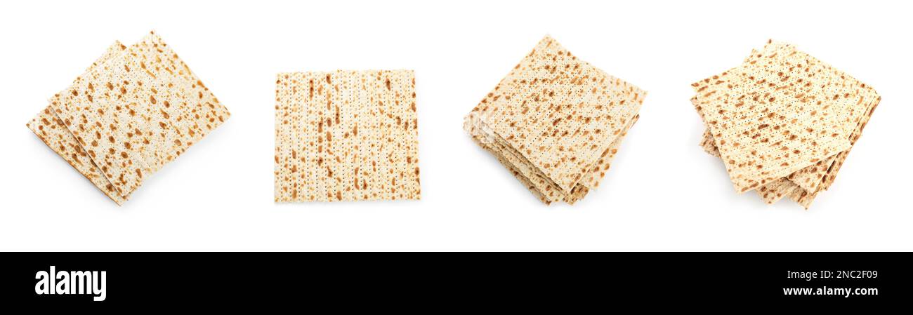 Set with Passover matzos on white background, top view. Pesach ...